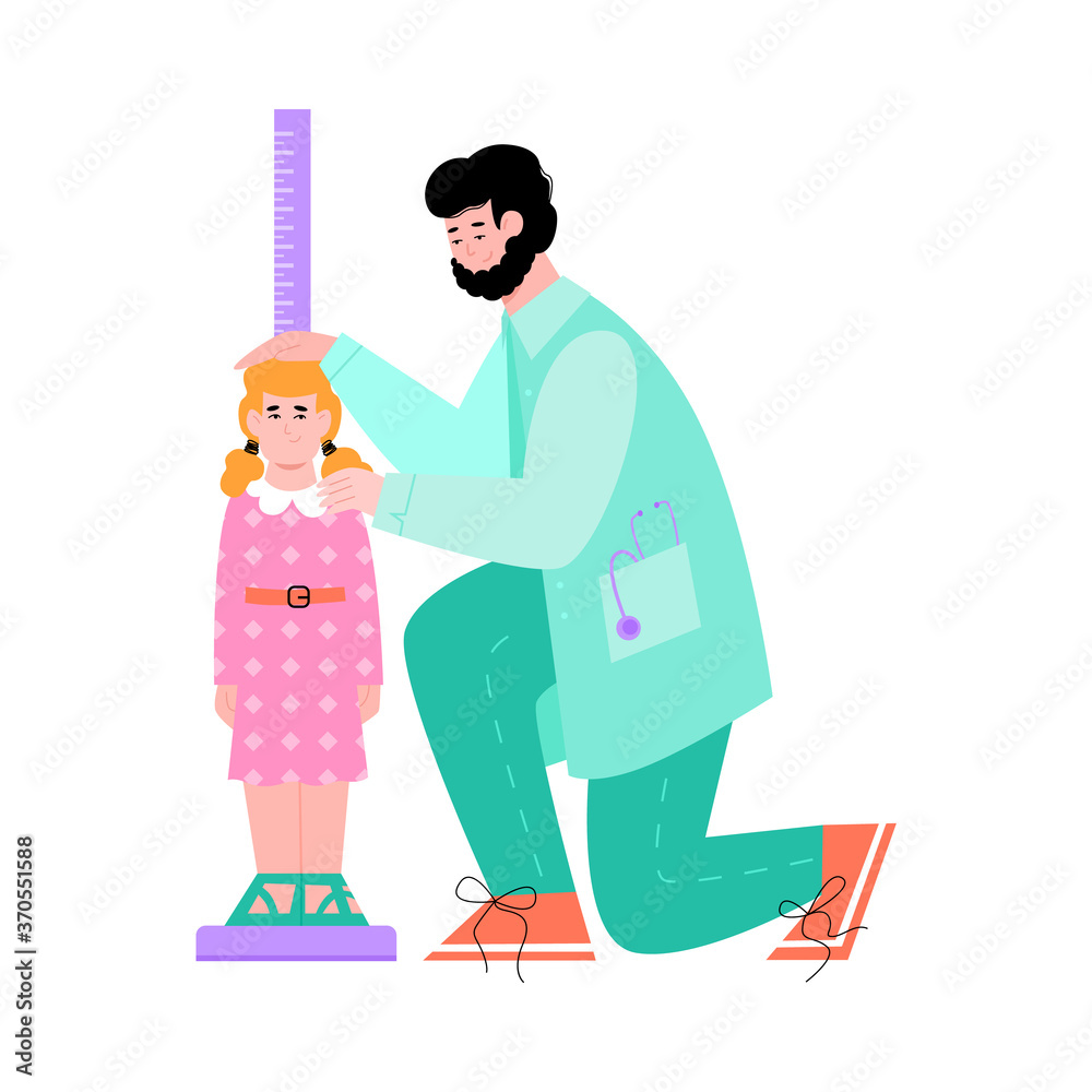 Little girl height measure. Cartoon doctor measuring child growth on ...