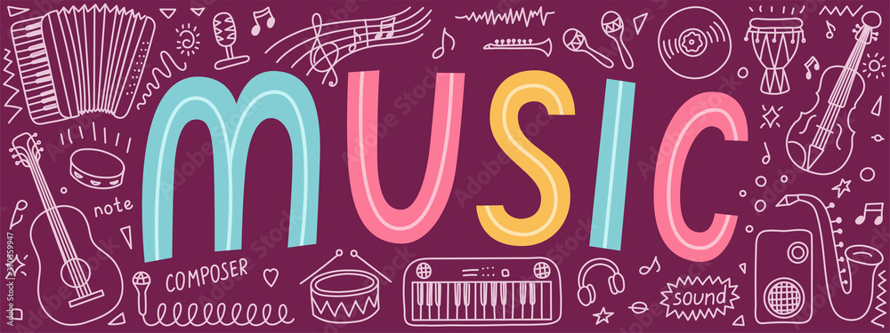Music. School subjects. Hand drawn doodles and lettering. Stock Vector ...