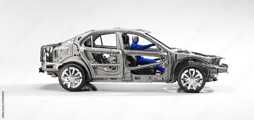Sectional view of a car with driver, car components, chassis, chassis ...
