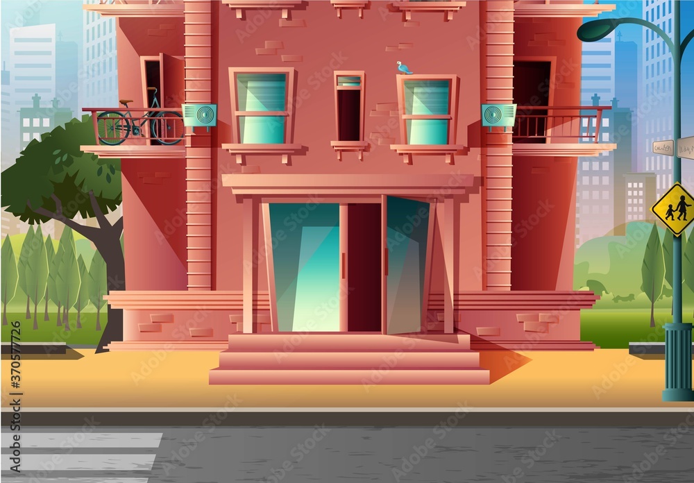 Vector cartoon style modern multi-storey building entrance ...