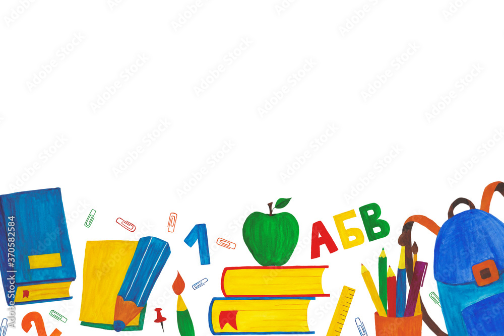 Watercolor school supplies. School white background with space for text ...