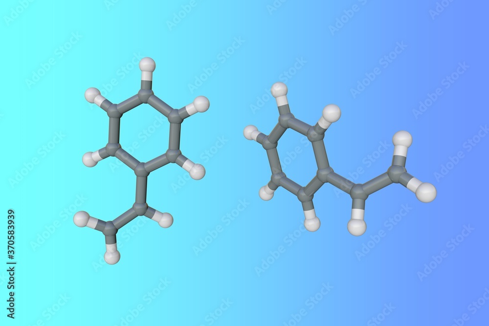 Molecular structure of styrene. Atoms are represented as spheres with ...