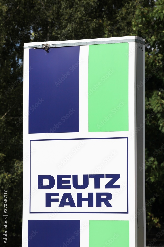 Morke, Denmark - August 6, 2020: Deutz Fahr logo on a panel. Deutz-Fahr ...