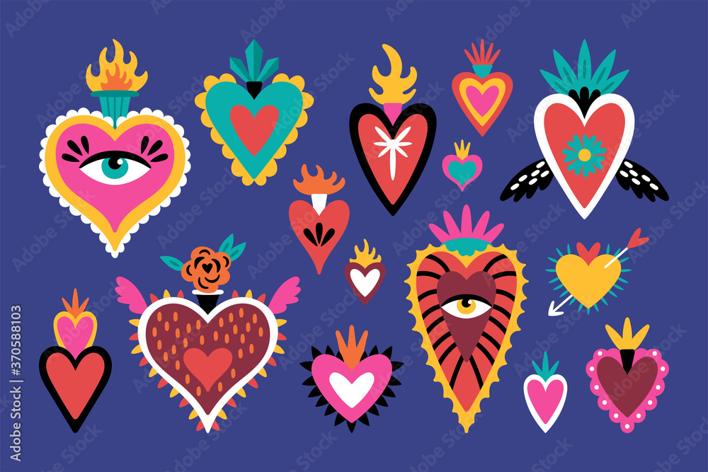 Cute set of mexican sacred hearts for Day of the dead Dia de los ...