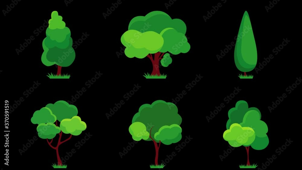 Set of animated different plants and trees illustration. Oak, aspen ...
