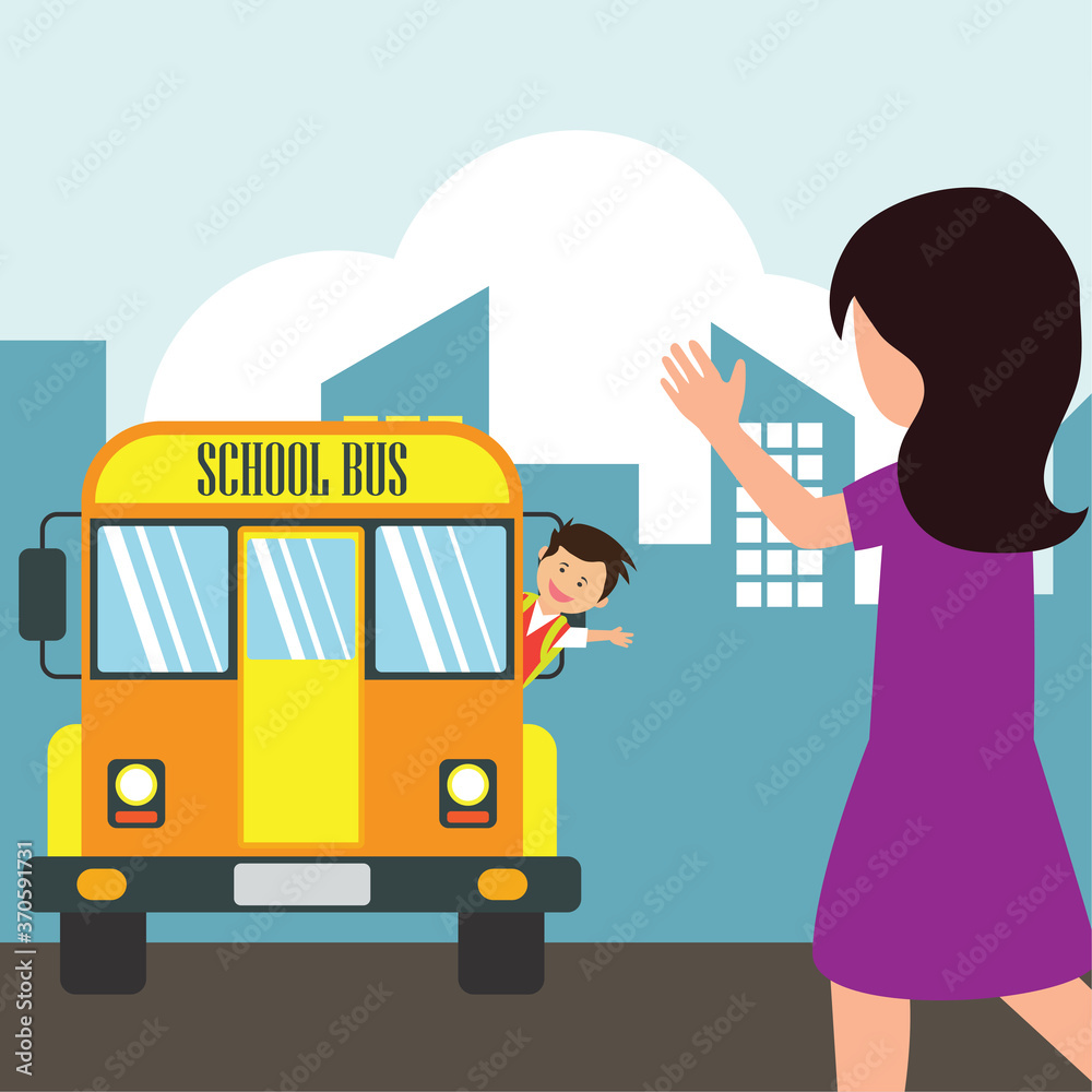 kids with uniform going to school riding yellow school bus in cartoon ...