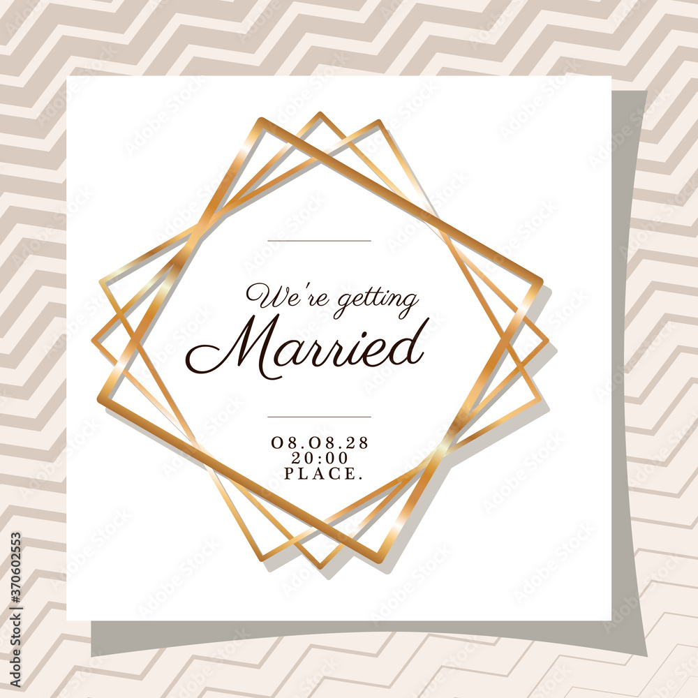 we are getting married text in gold frame design, Wedding invitation ...