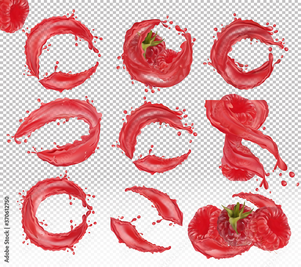 3D realistic fresh raspberry on with splash liquid on transparent ...