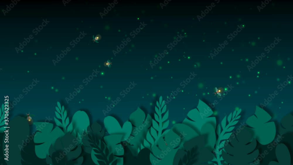 Cartoon animation of fireflies flying out of tropical palm leaves ...