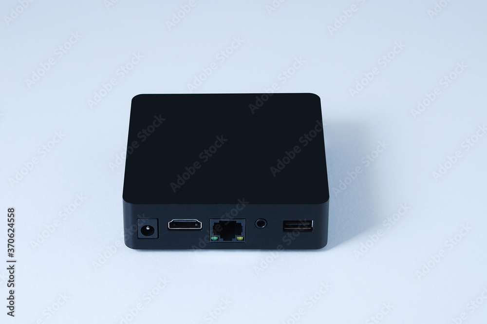 TV box black box. Side view of connector panel. White background. Stock ...