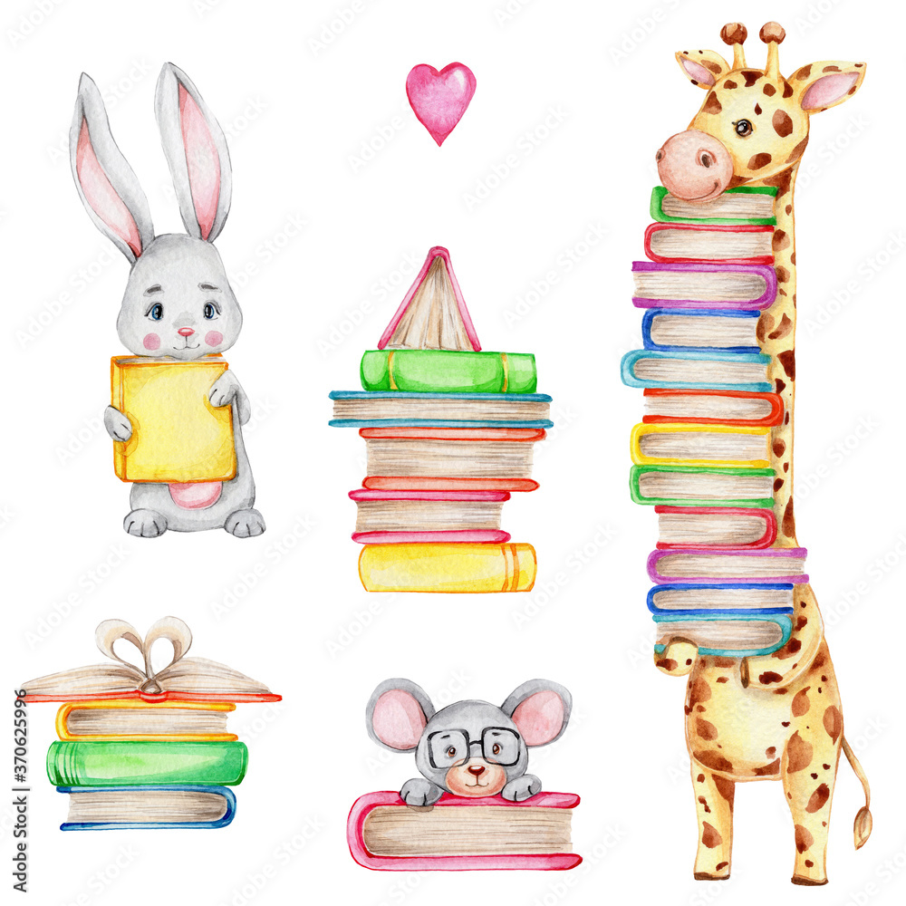 Set of cute cartoon girraffe, bunny and mouse with books and stacks of ...