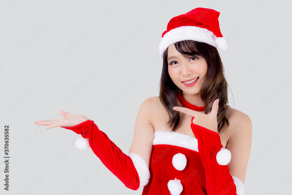 Beautiful portrait young asian woman Santa costume presenting empty ...