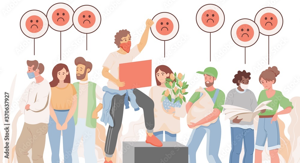 Group of sad people vector flat illustration. Upset men and women ...