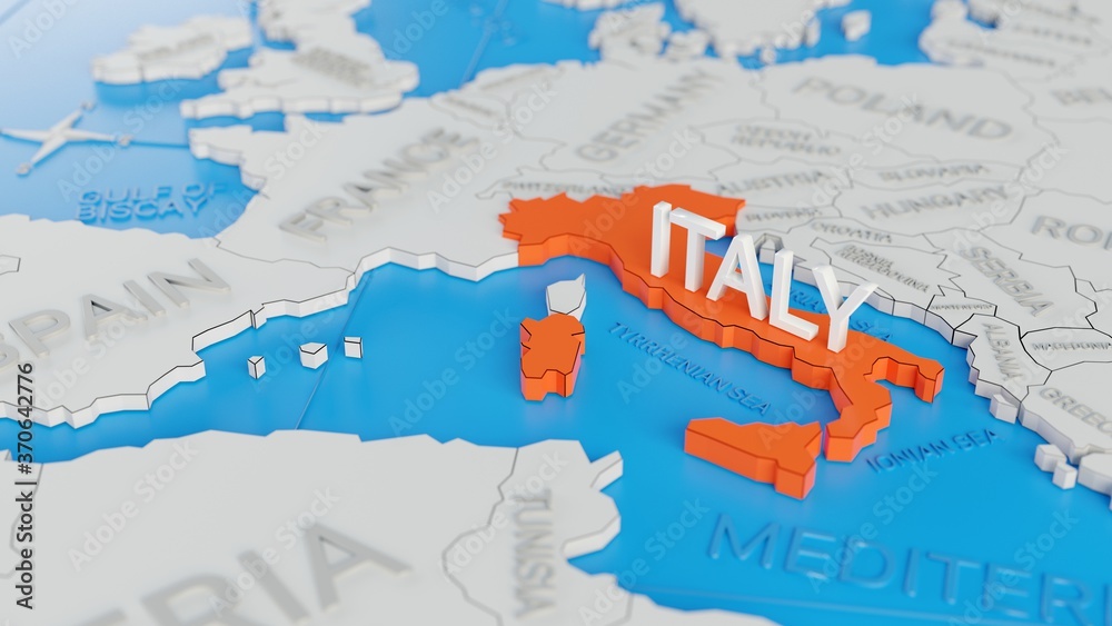 Italy highlighted on a white simplified 3D world map. Digital 3D render ...