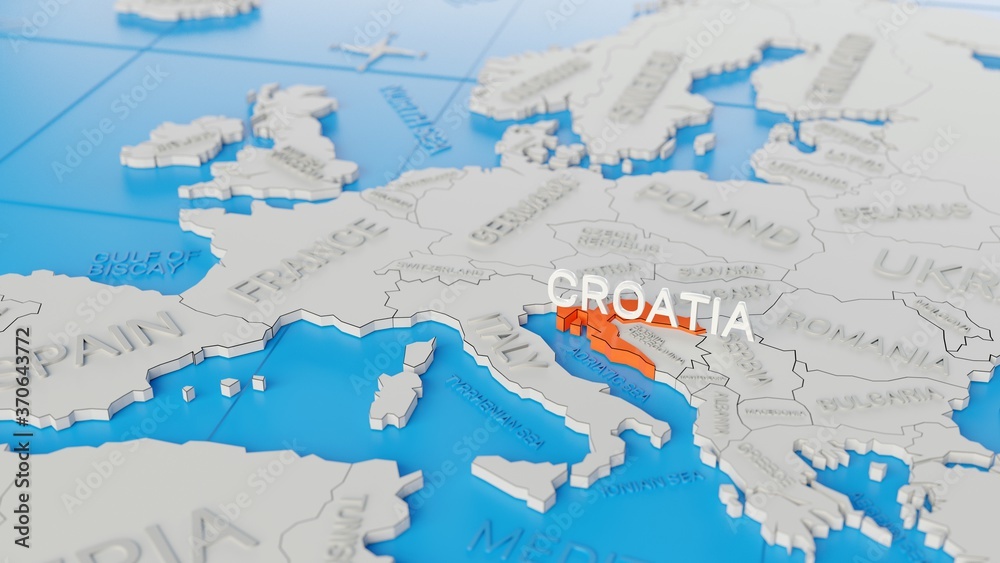 Croatia highlighted on a white simplified 3D world map. Digital 3D ...
