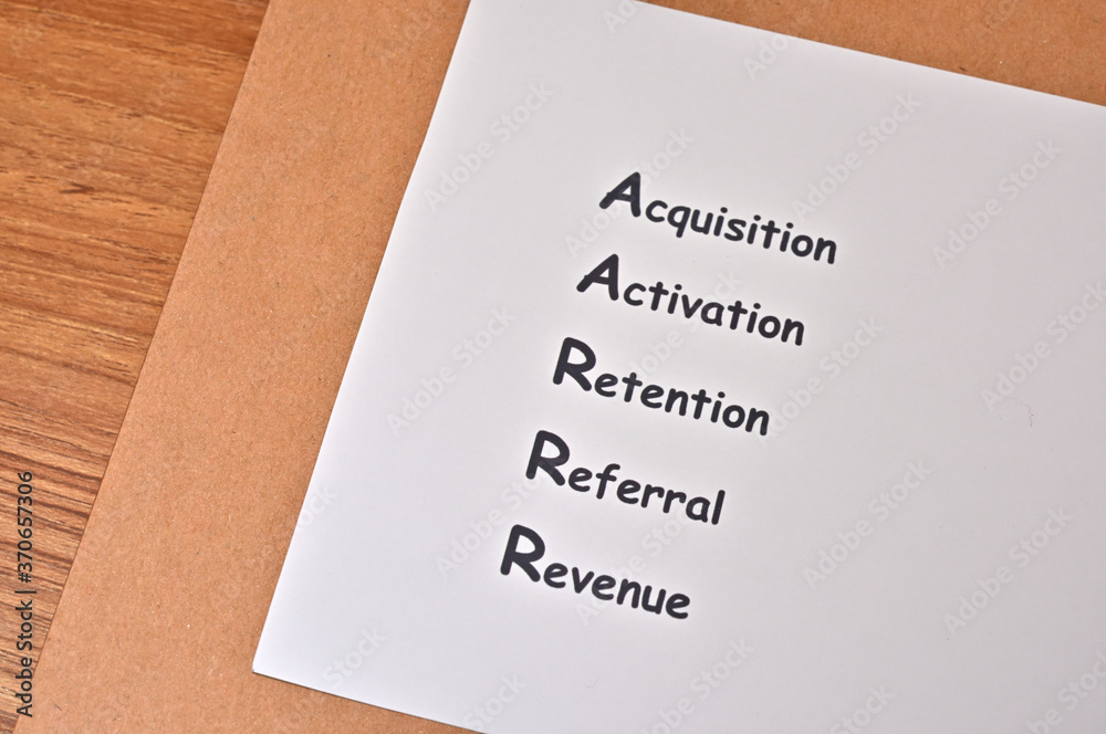 There is a paper printed with chart of the word "AARRR" of the growth ...