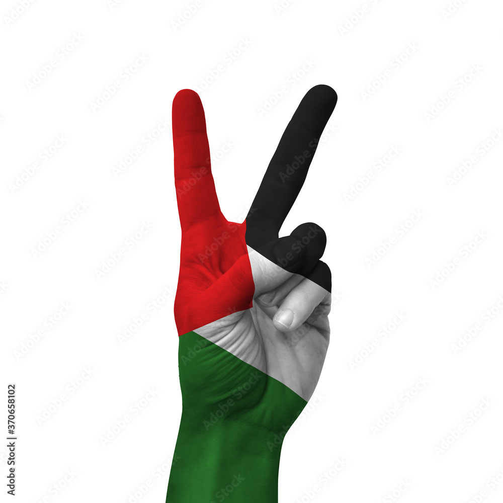 Hand making victory sign, palestine painted with flag as symbol of ...