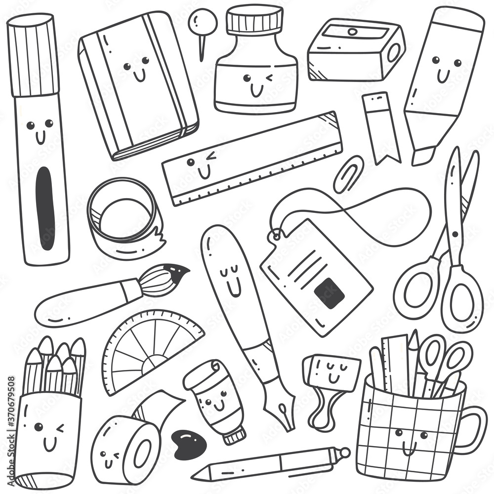 Set of kawaii style stationary doodles line art Stock Vector | Adobe Stock