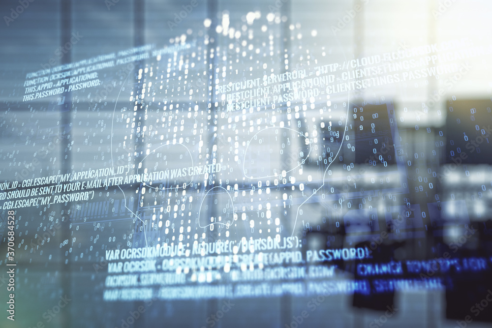 Double exposure of abstract virtual creative code skull hologram on a modern meeting room ...