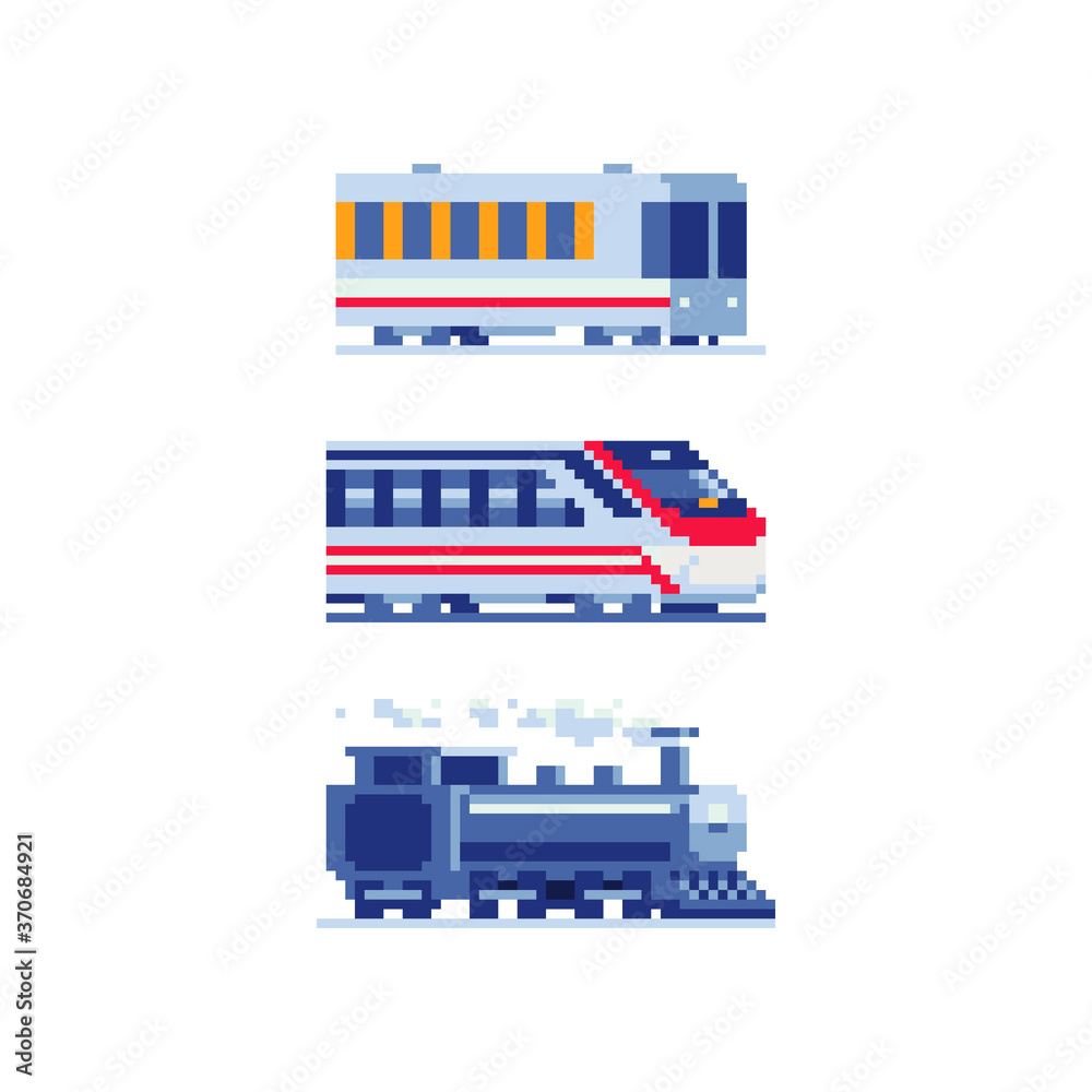 Vehicles train, Transport icons set. Pixel art style. Steam locomotive ...