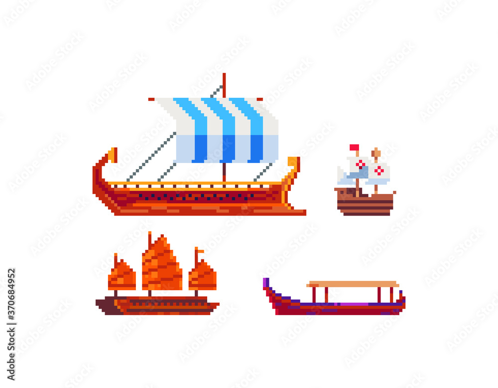 Sea crafts pixel art icons set. Antique sailboat ancient greek ship ...