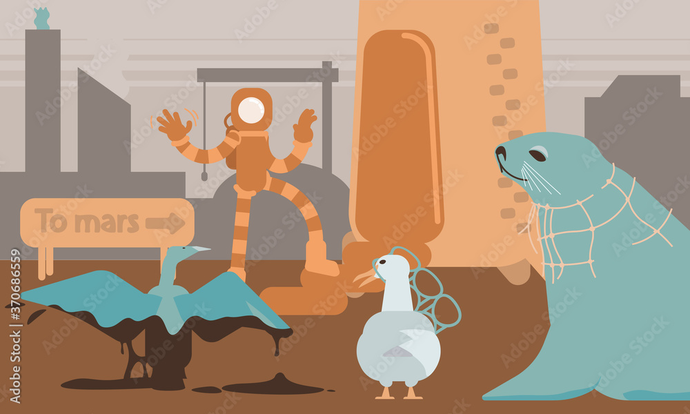 Satirical concept art on water plastic pollution in minimalist cartoon ...