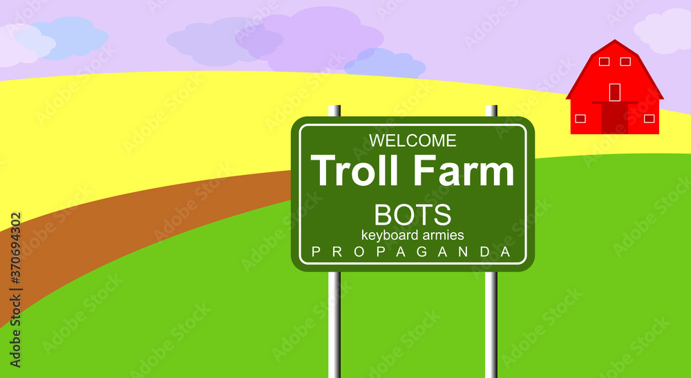 A troll farm or troll factory. Organized collective. Digital drawing of ...
