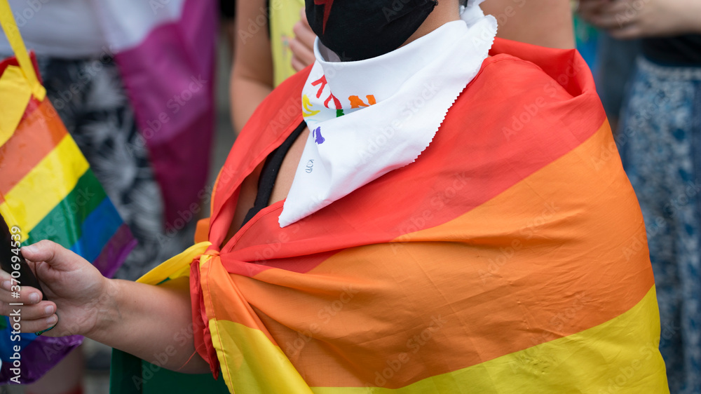 LGBT equality march. Young people wearing rainbow clothes and symbols ...