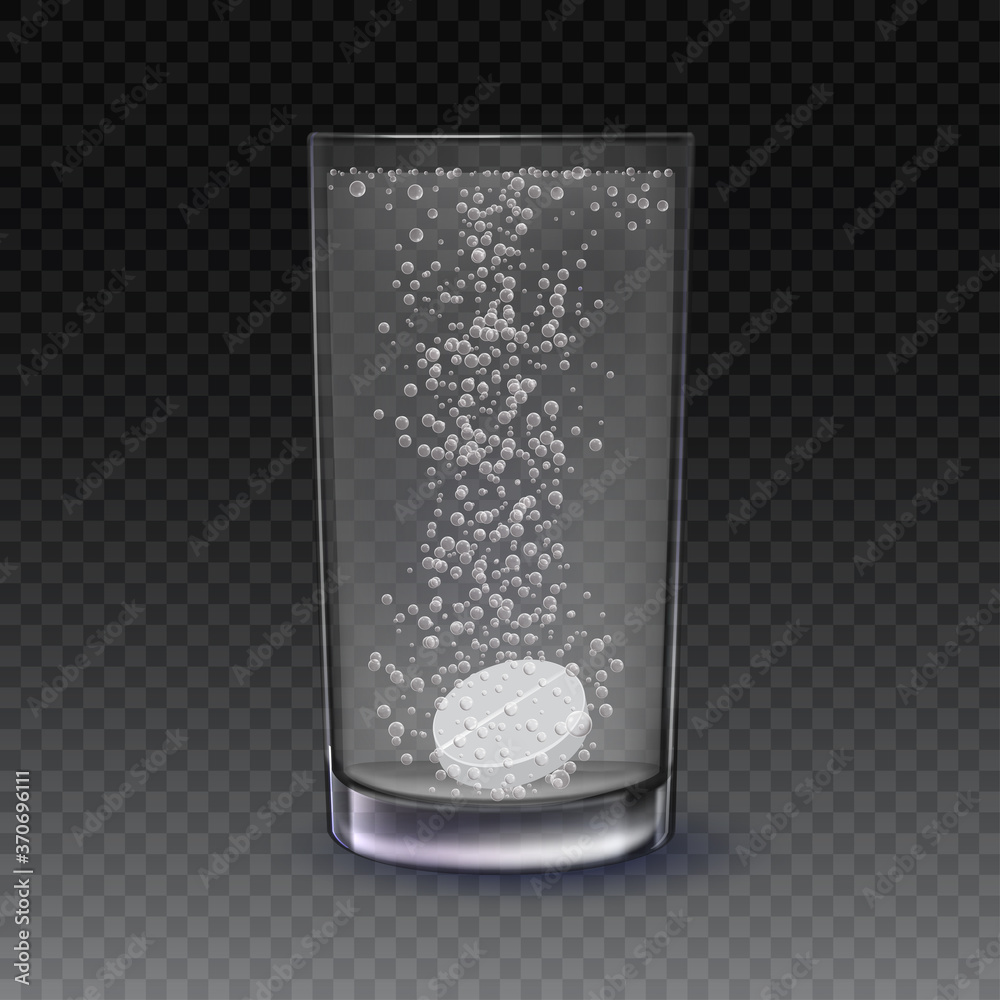 Realistic effervescent tablet in glass of water. Realistic effervescent ...