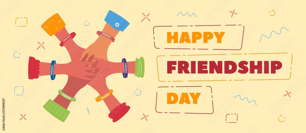 Six hands on each other with multi-colored bracelets with title happy ...