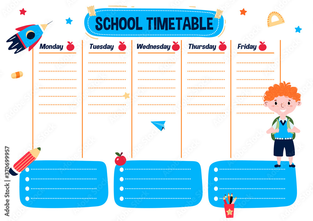 School Timetable in English with day of week. Cartoon Schedule for ...