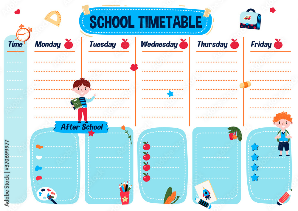 Printable planning list for kids. School timetable for student. Weekly ...