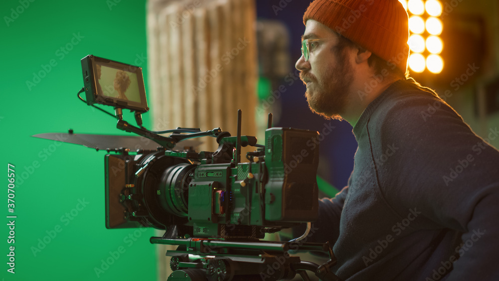 Portrait of Cameraman on Railway Trolley Shooting Green Screne Scene ...