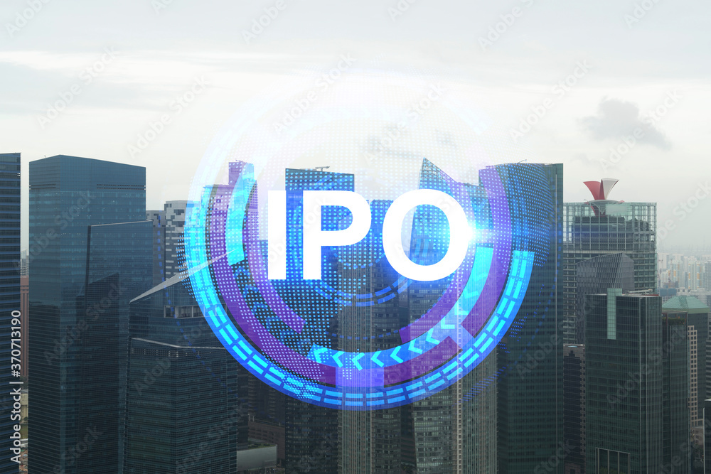 IPO icon hologram over panorama city view of Singapore, the hub of ...