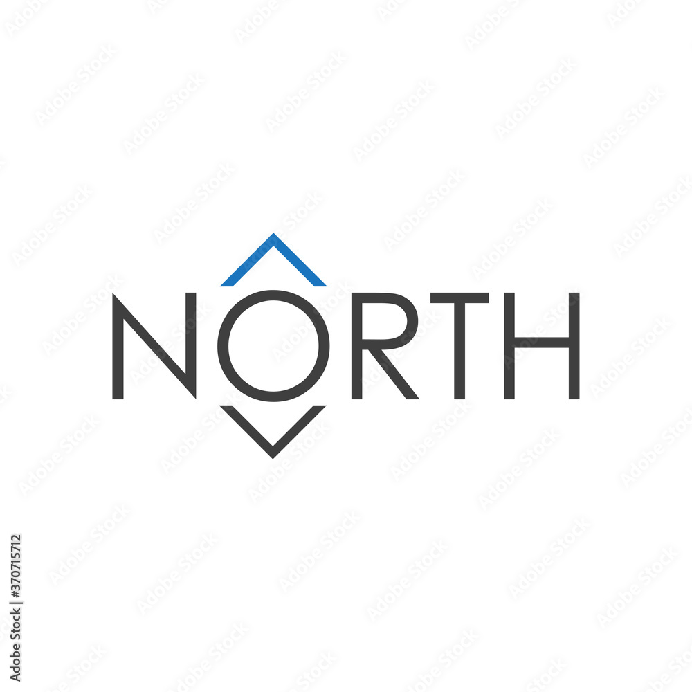 Símbolo del norte. Logotipo con palabra North con flecha en la o en ...