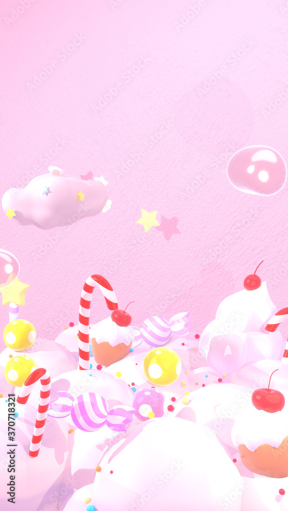 Cartoon sweet pink candy land. 3d rendering picture. (vertical) Stock ...
