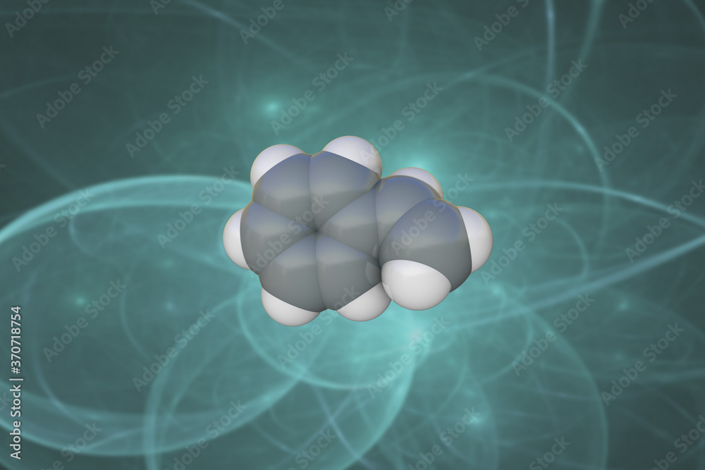 Space-filling molecular model of styrene. Atoms are represented as ...