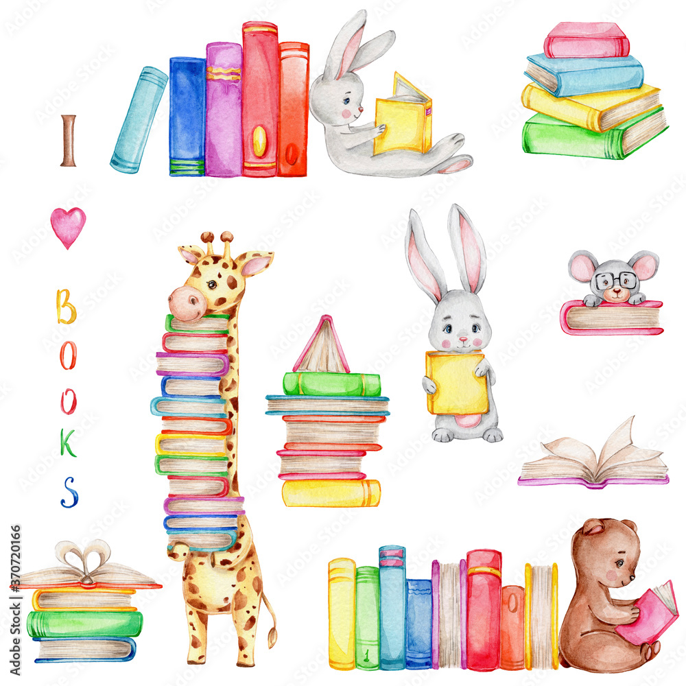 Set with reading animals and stack of colored books; watercolor hand ...