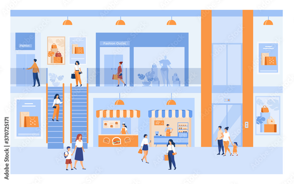 Department store interior with customers. People shopping in city mall ...