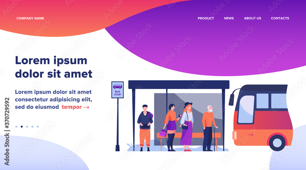 Passengers waiting for public transport at bus stop flat vector ...