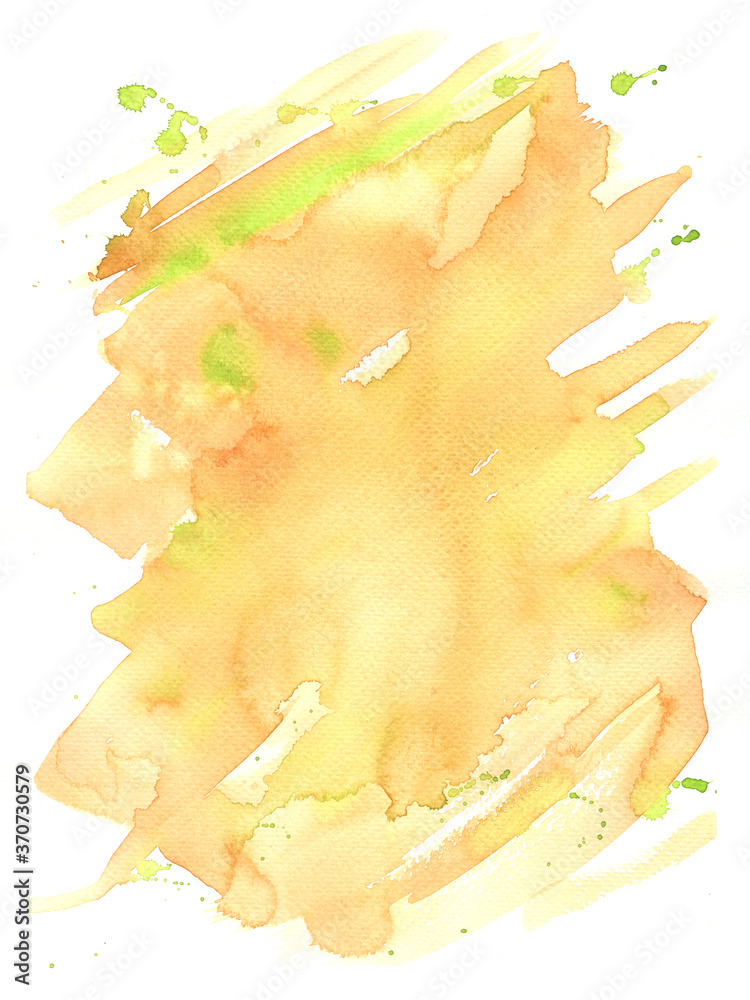 Abstract yellow, orange and green watercolor brush strokes painted ...