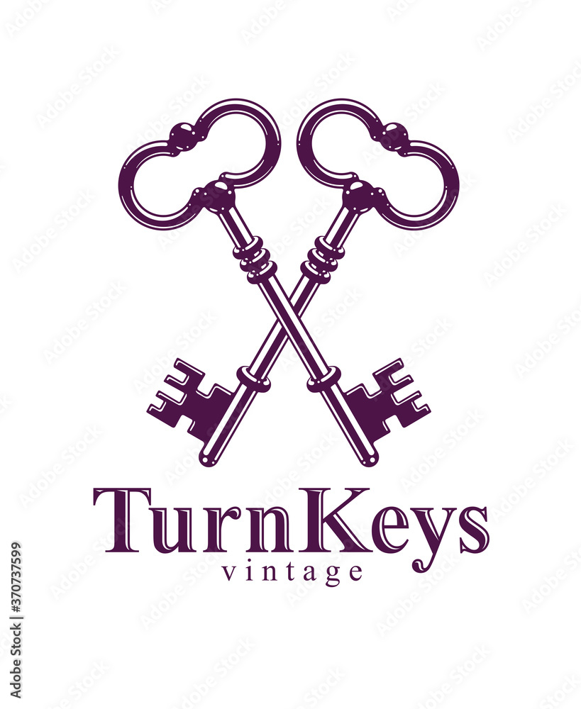 Crossed keys, vintage antique turnkeys vector logo or emblem, protected ...
