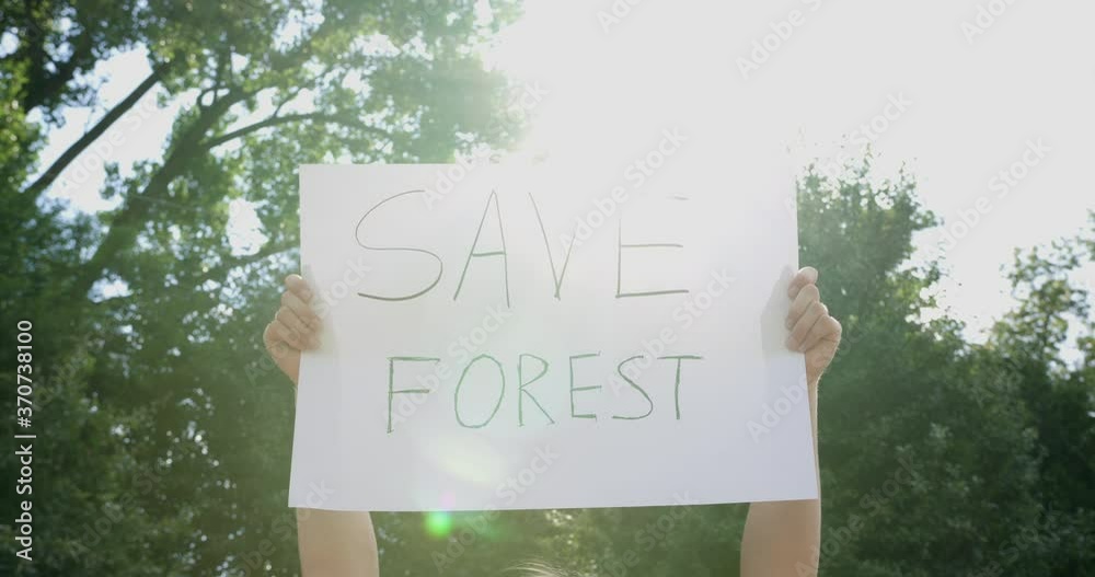 Vidéo Stock Ecology concept - save forest poster. hands of eco activist ...