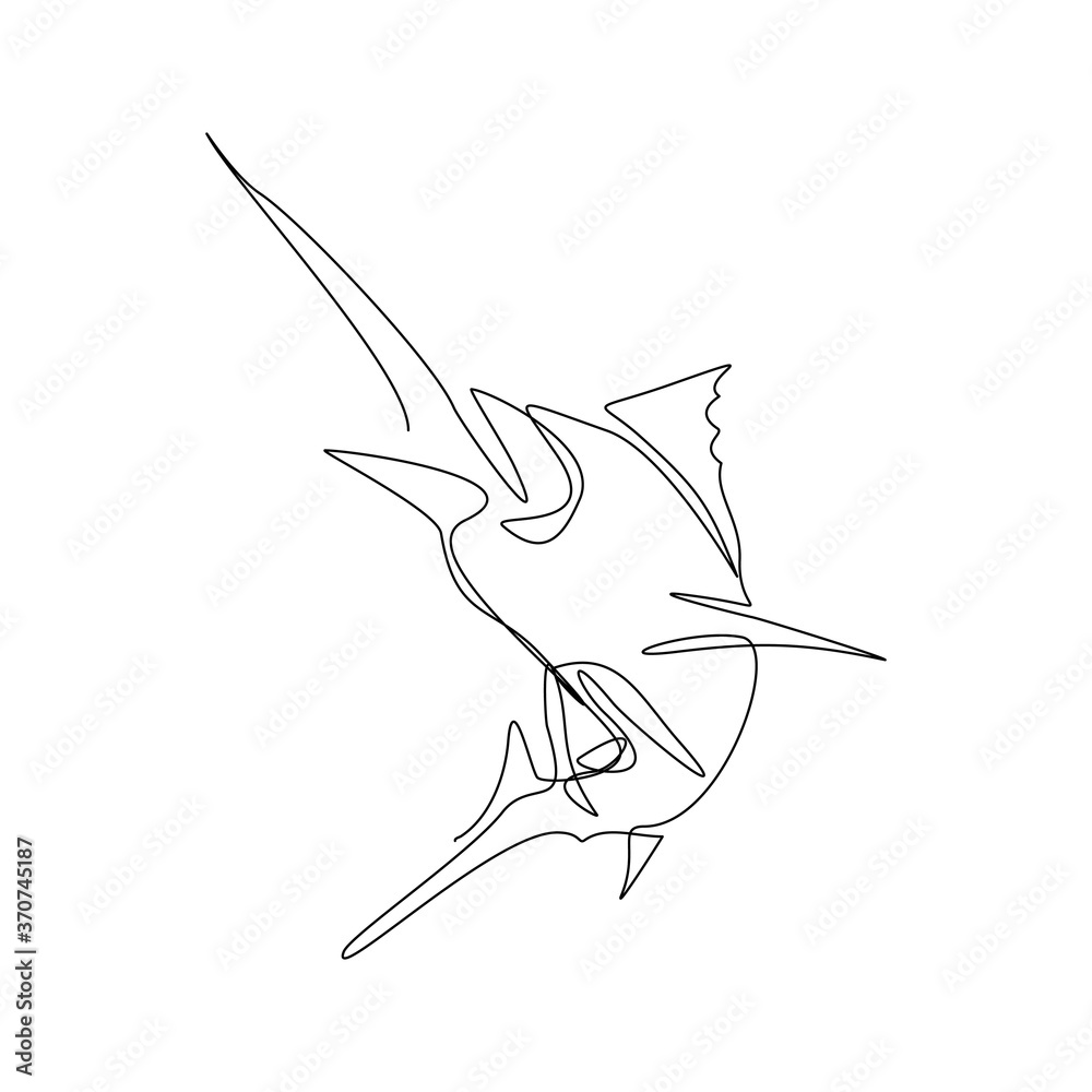 Continuous line drawing of big swimming swordfish marlin fish. One line ...