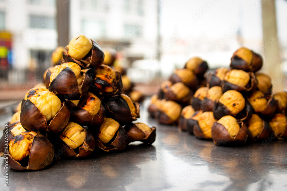 Appearance of fried chestnuts on the counter before being sold in ...