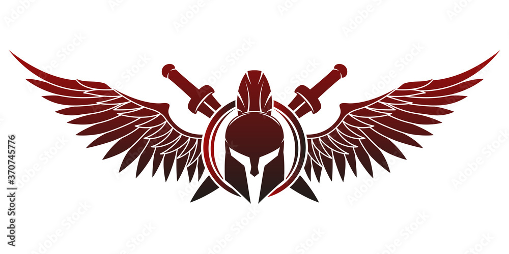 Spartan helmet with shield and swords and wings on a white background ...