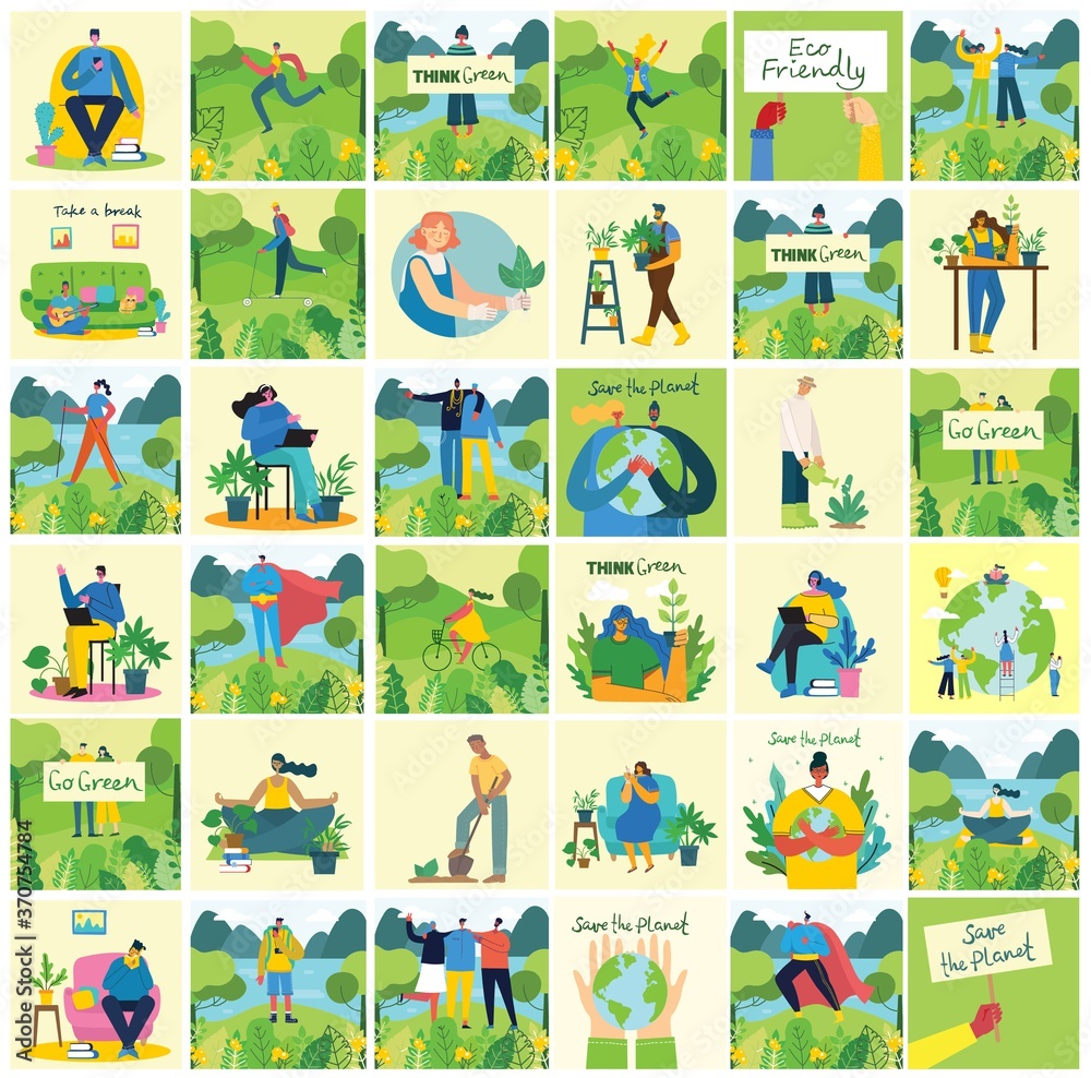 Set of eco save environment pictures. People taking care of planet ...