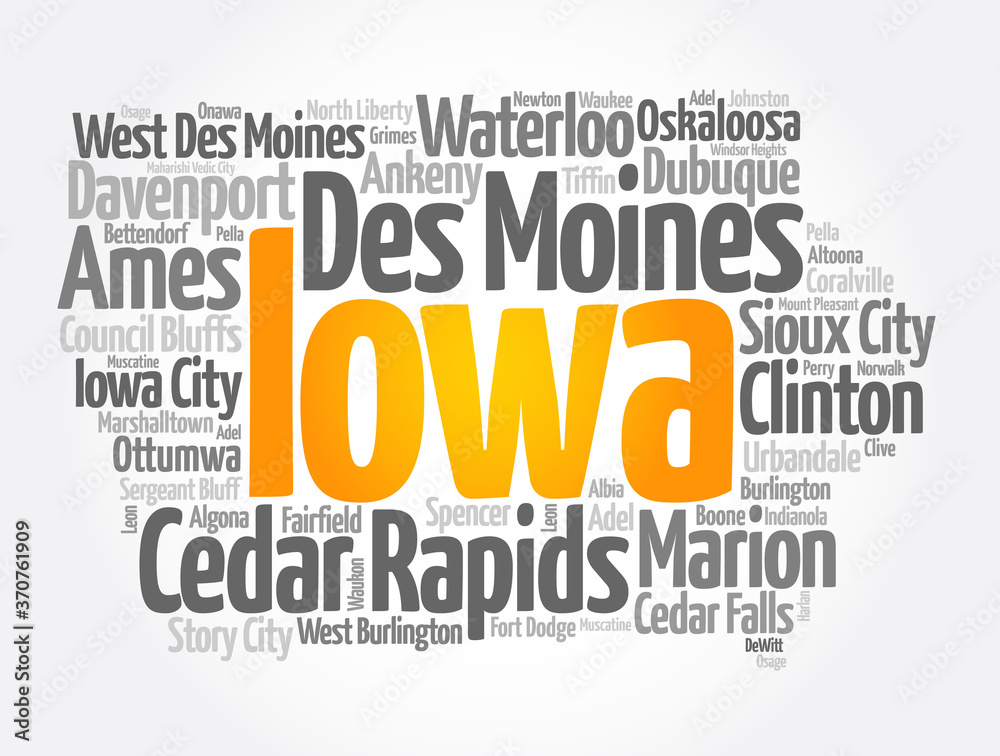 List of cities in Iowa USA state, map silhouette word cloud, map ...
