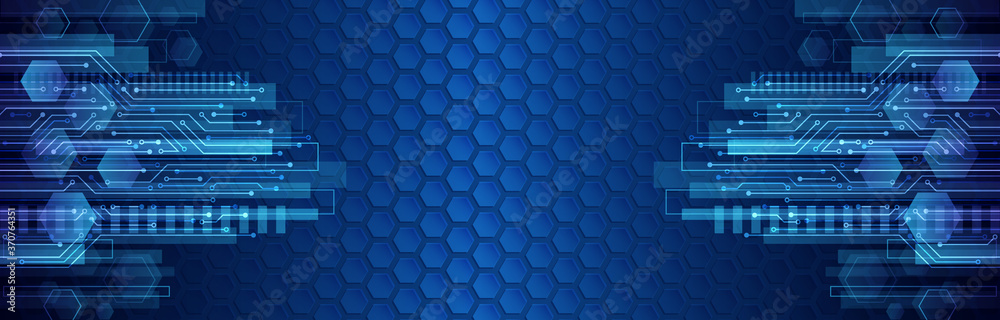 Abstract wide technology background with hexagons and gear wheels. Hi ...
