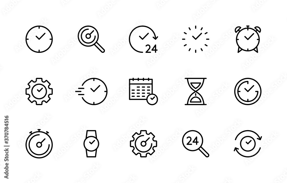 Time and clock linear vector icons set. Time management. Alarm clock ...